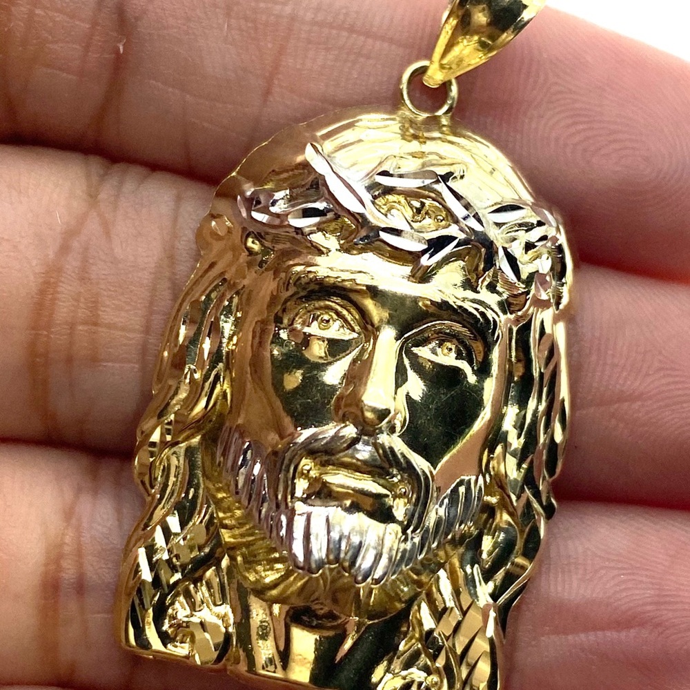 Mens 10k Gold Jesus Head Face Pendant - Gem